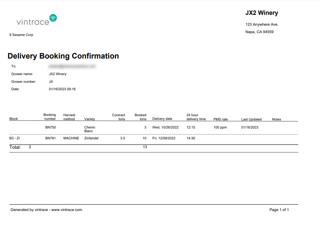 Booking Confirmation Report – vintrace