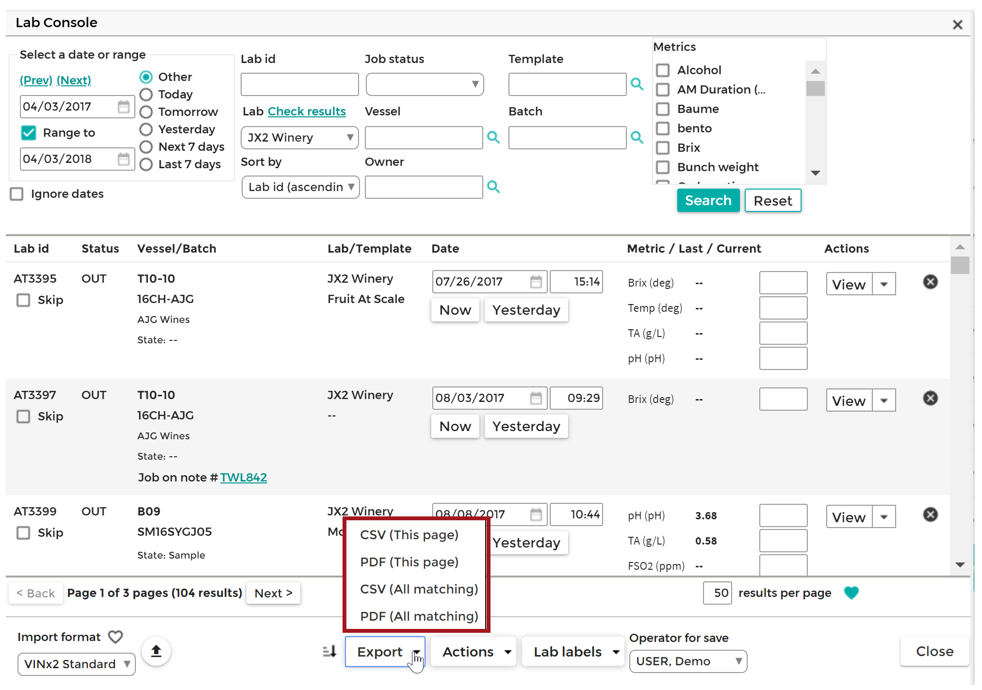 Exporting and Importing Lab Results – vintrace