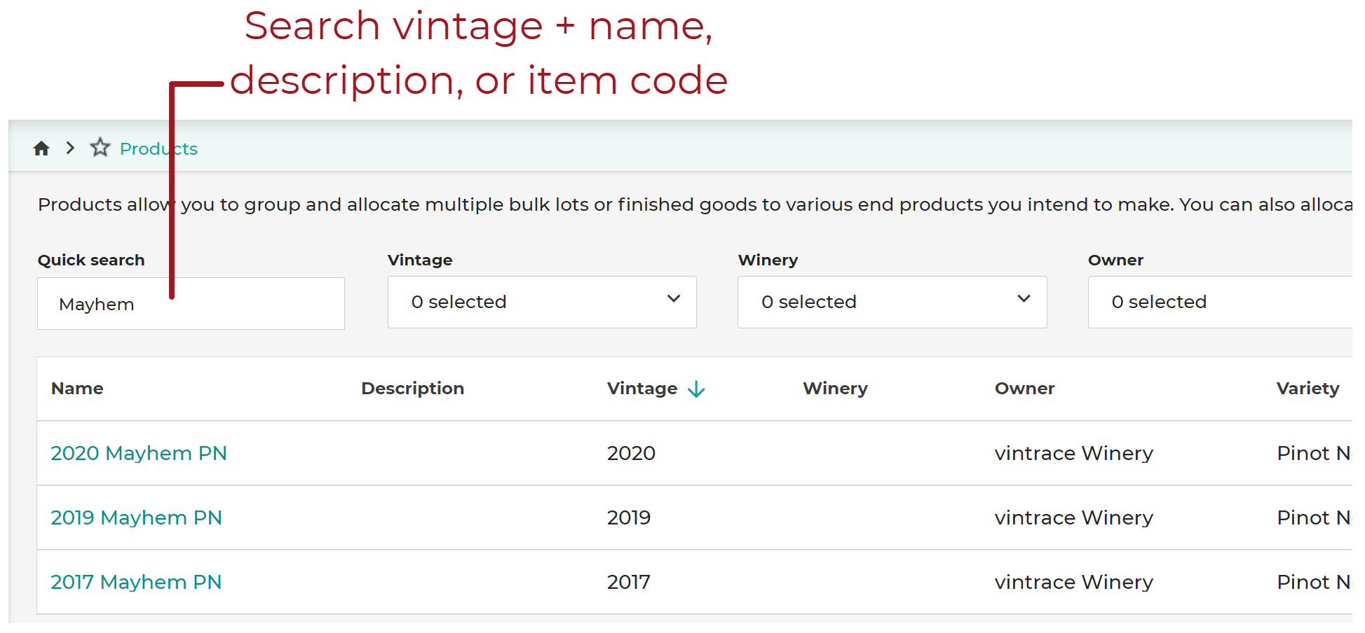 Product Allocations Page – vintrace