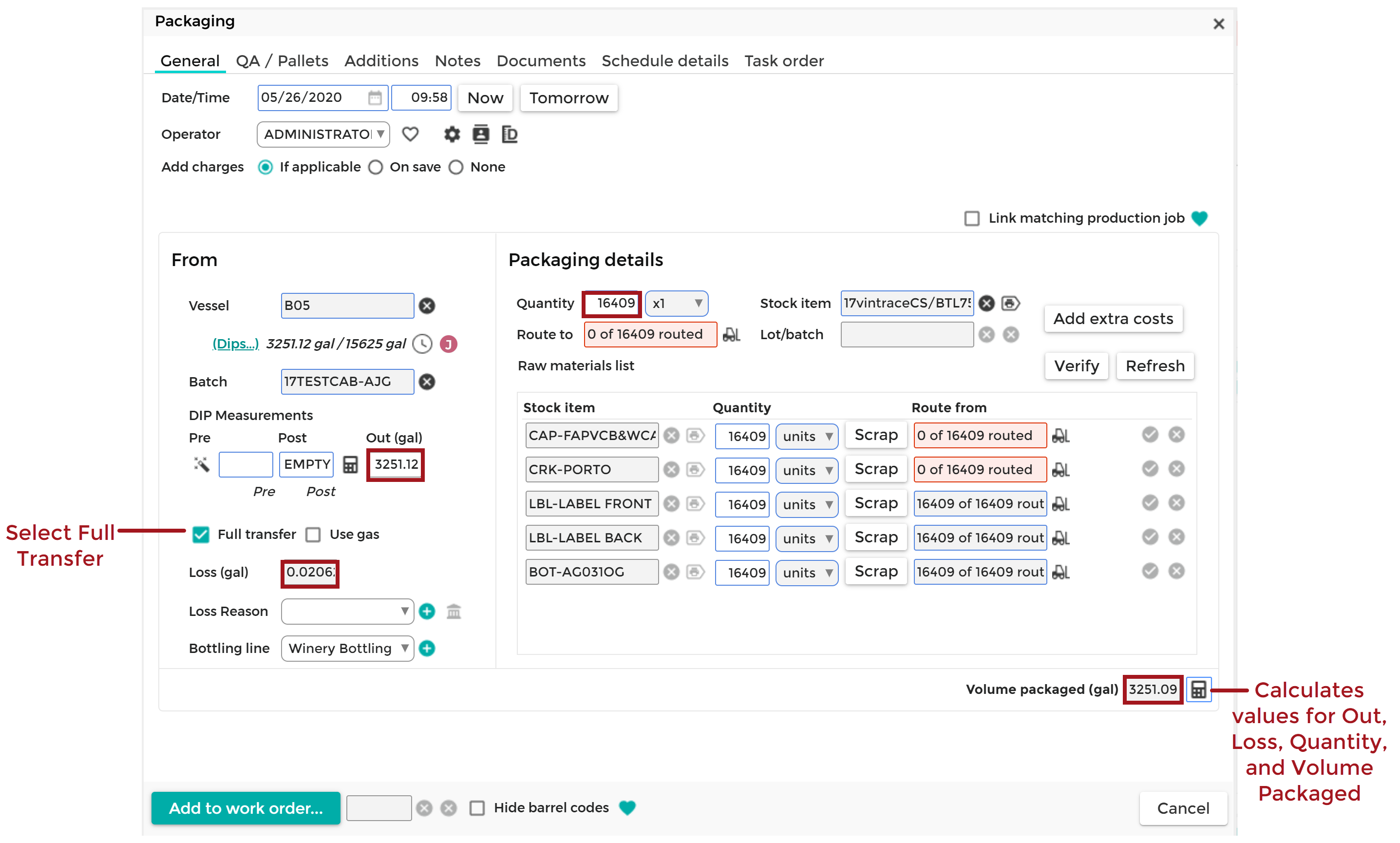 Recording a Bottling (Packaging Operation) – vintrace