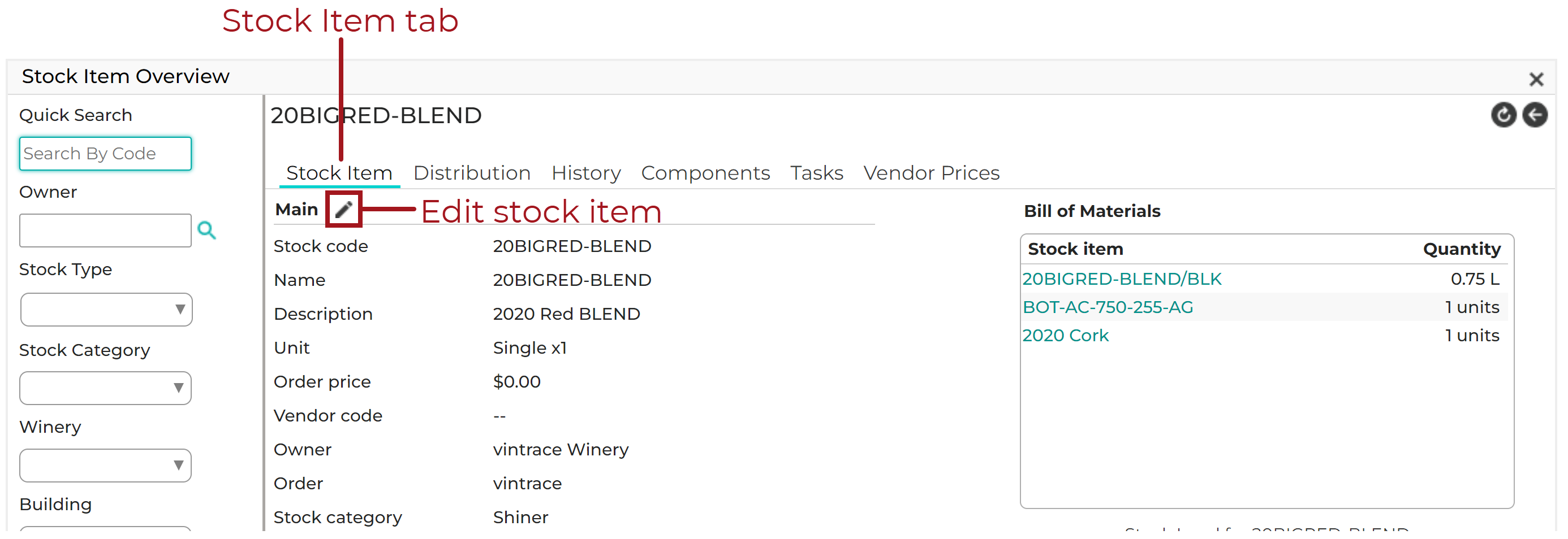 Editing Stock Items – vintrace