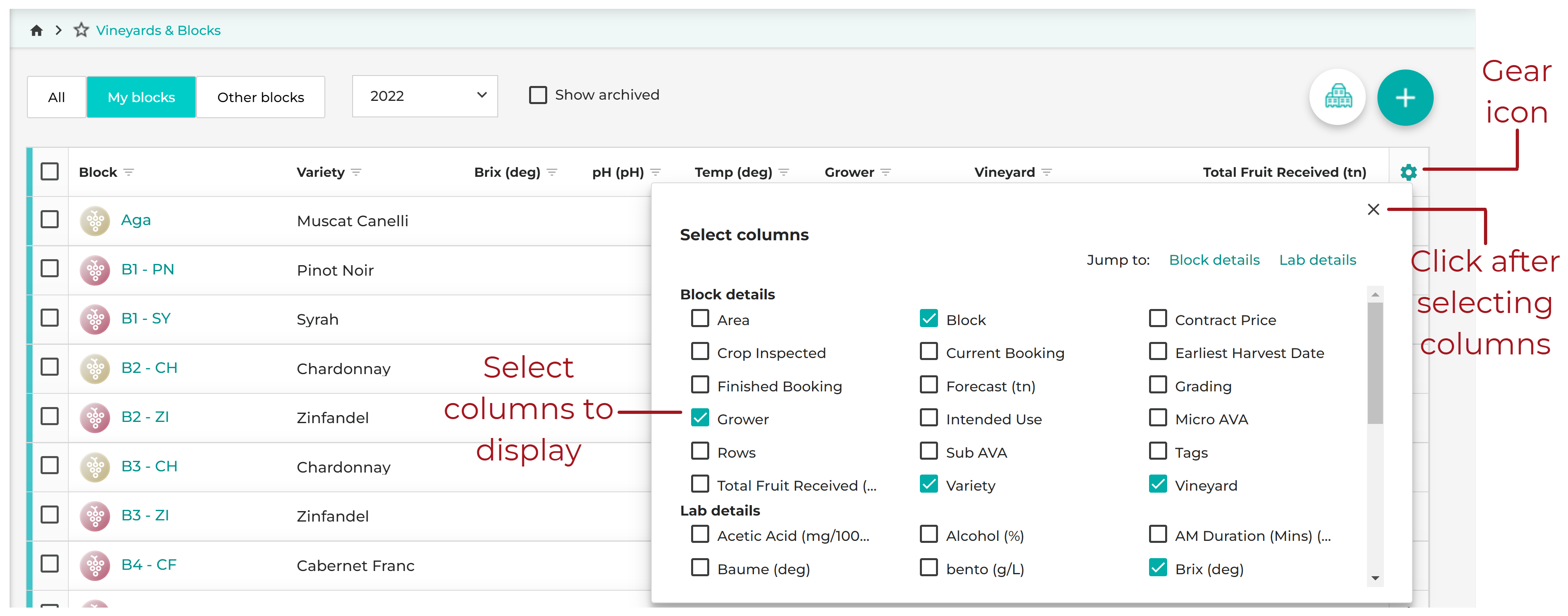 Customizing the Vineyards & Blocks Page – vintrace
