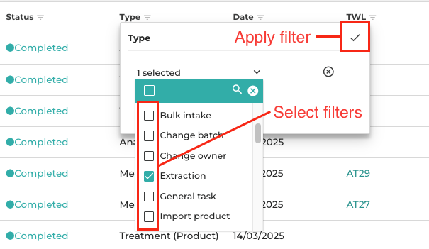 Column Filters – vintrace